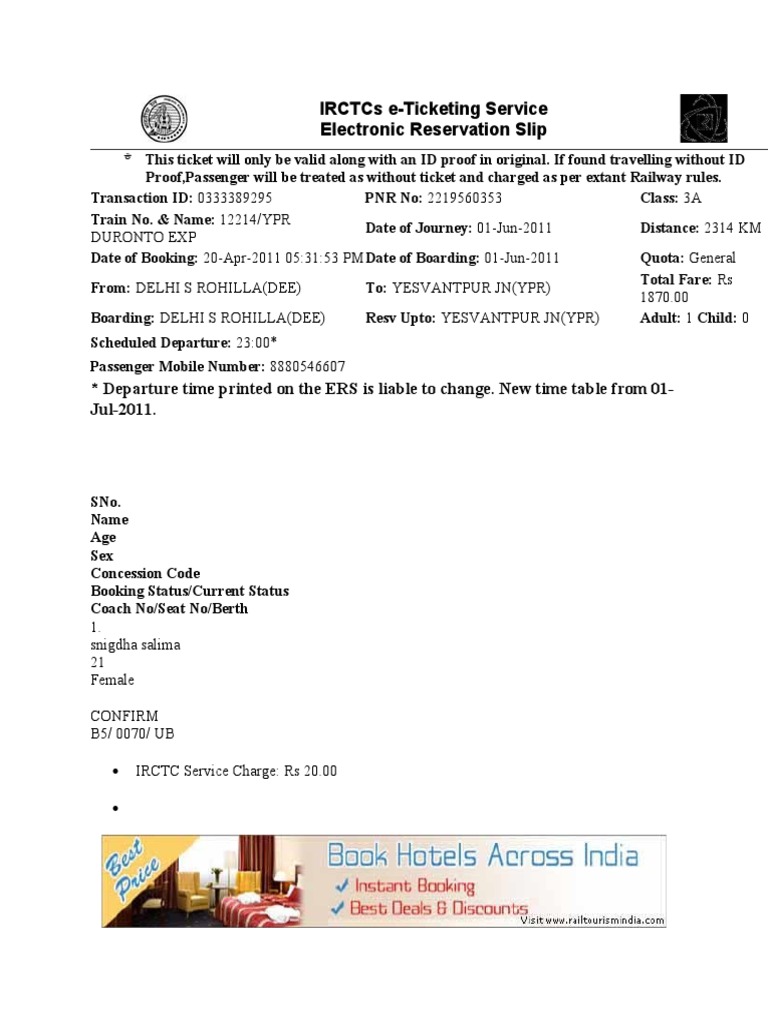 Irctcs E-Ticketing Service Electronic Reservation Slip | PDF | Identity Document | Ticket ...