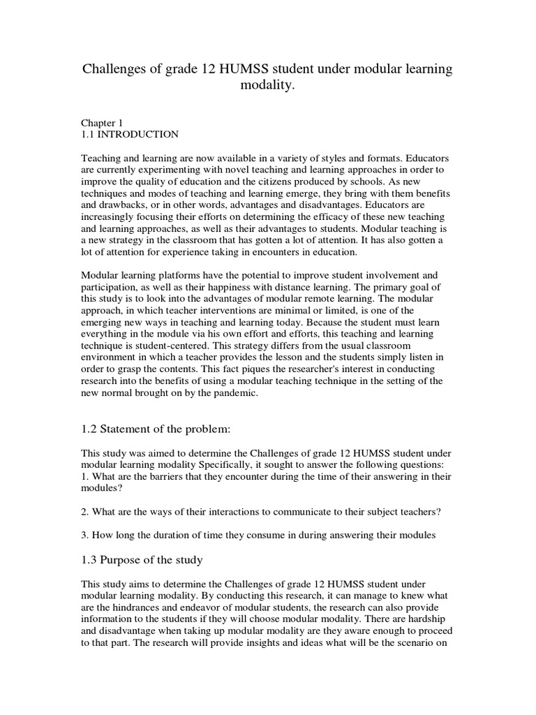 Challenges of Grade 12 HUMSS Student Under Modular Learning Modality ...