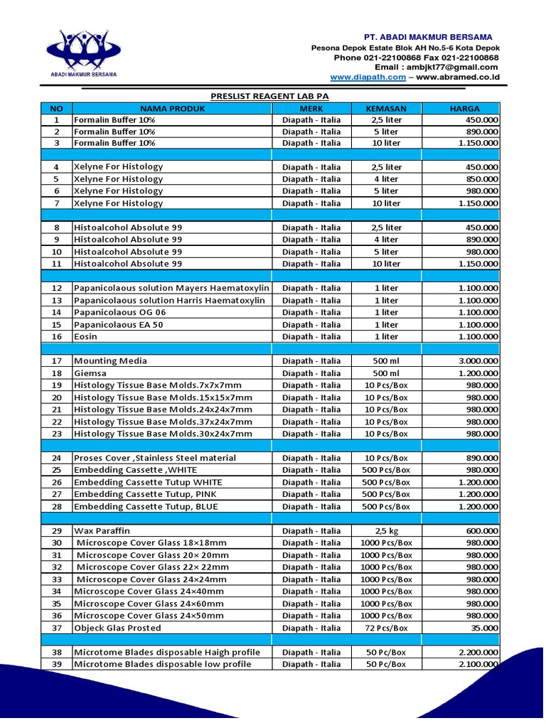 Preslist Reagent Lab Pa: NO Nama Produk Merk Kemasan Harga | PDF ...