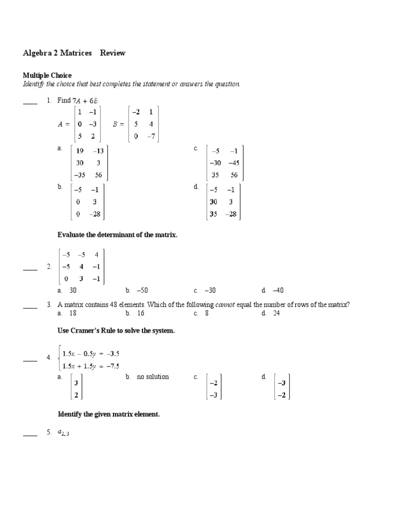 Algebra 2 Matrices Review | PDF | Matrix (Mathematics) | Determinant