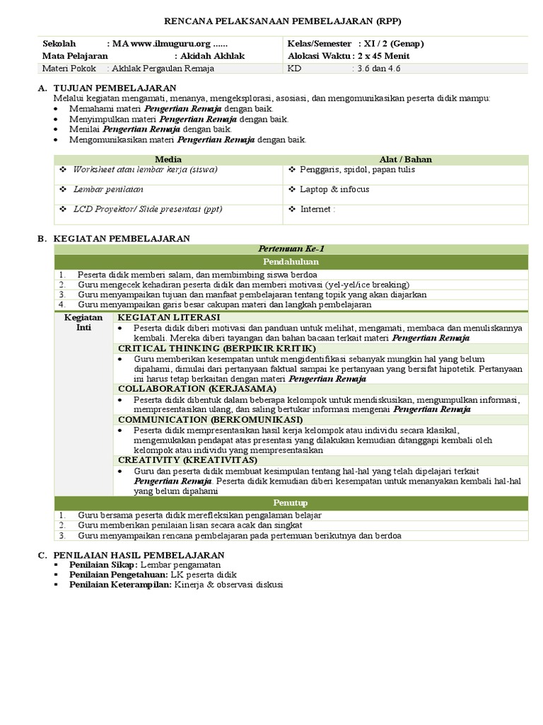 RPP II Akidah Akhlak Kelas 11 SEM 2 | PDF