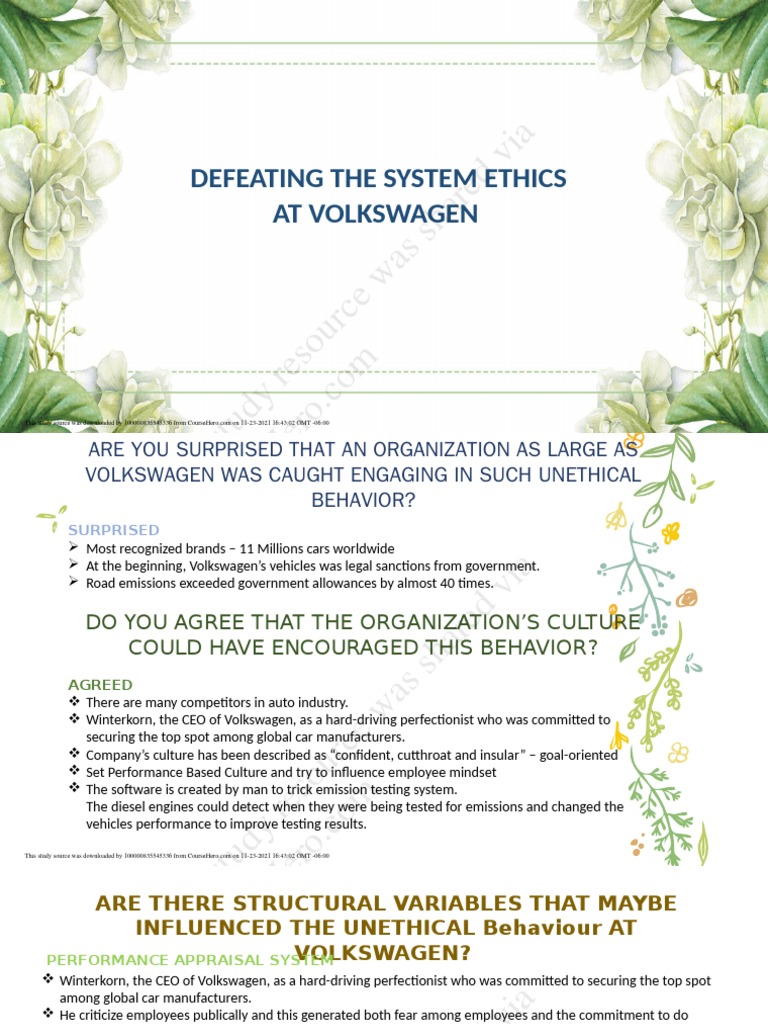 Defeating The System Ethics at Volkswagen: This Study Resource Was ...
