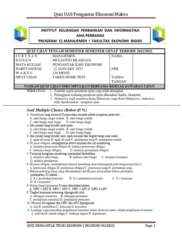 Quiz UAS ILMU EKONOMI Makro PERBANAS Karyawan 2022 | PDF