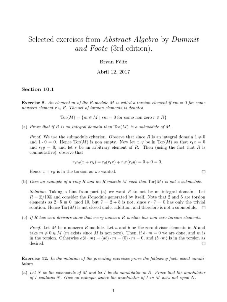 Selected Exercises From Abstract Algebra by Dummit and Foote (3rd ...