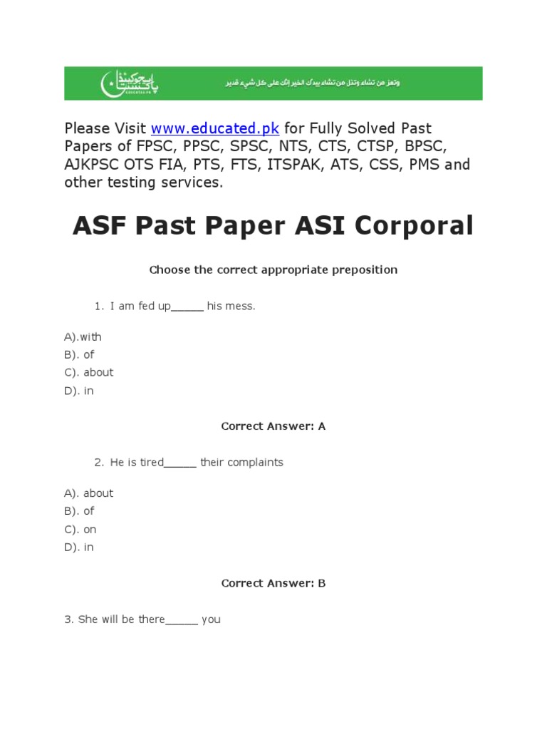 ASF Past Paper ASI Corporal | PDF | Surah | Pakistan