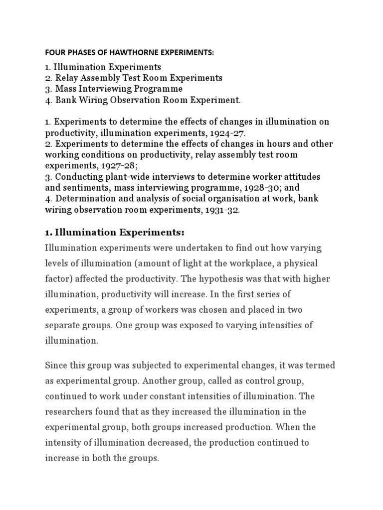 Lesson 2-FOUR PHASES OF HAWTHORNE EXPERIMENTS | PDF | Experiment ...