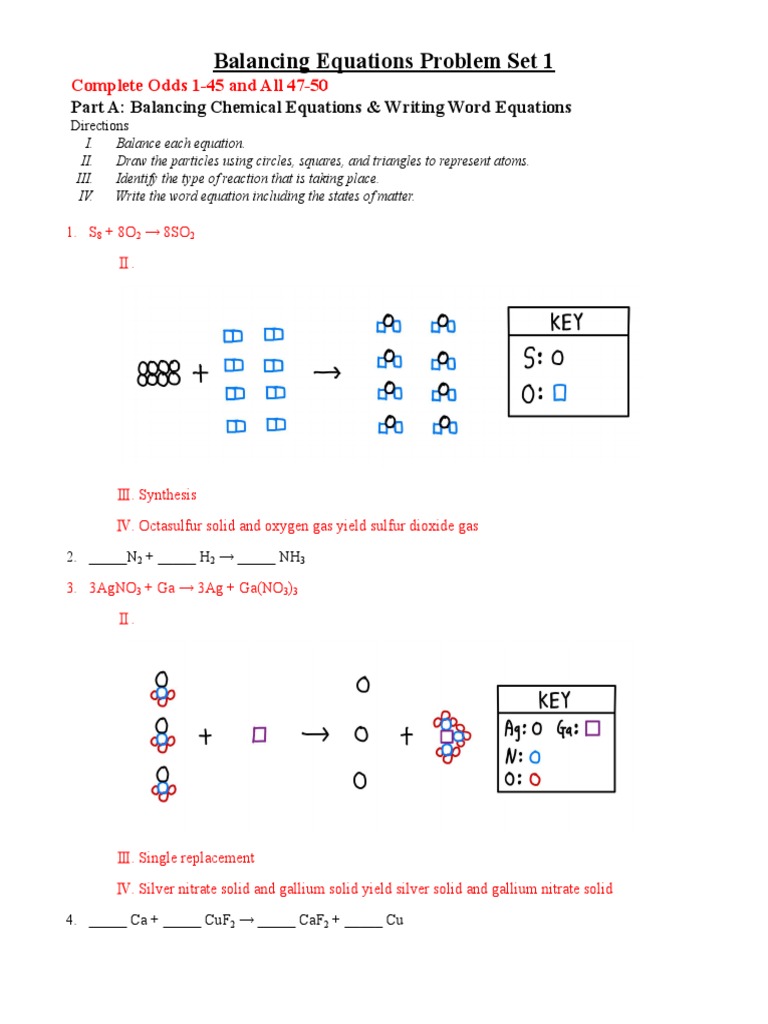 Balancing Equations Problem Set 1: Part A: Balancing Chemical Equations ...
