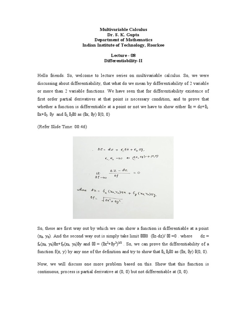 Multivariable Calculus Dr. S. K. Gupta Department of Mathematics Indian Institute of Technology ...