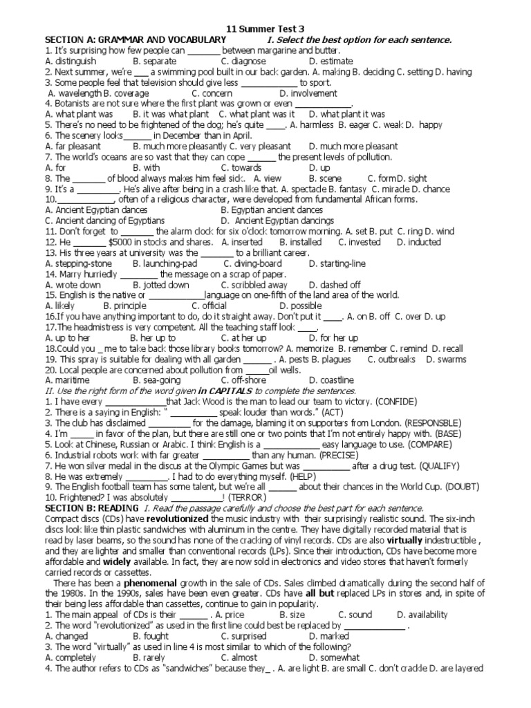 Summer Test 3: Grammar & Vocabulary Exercises | PDF | Compact Disc