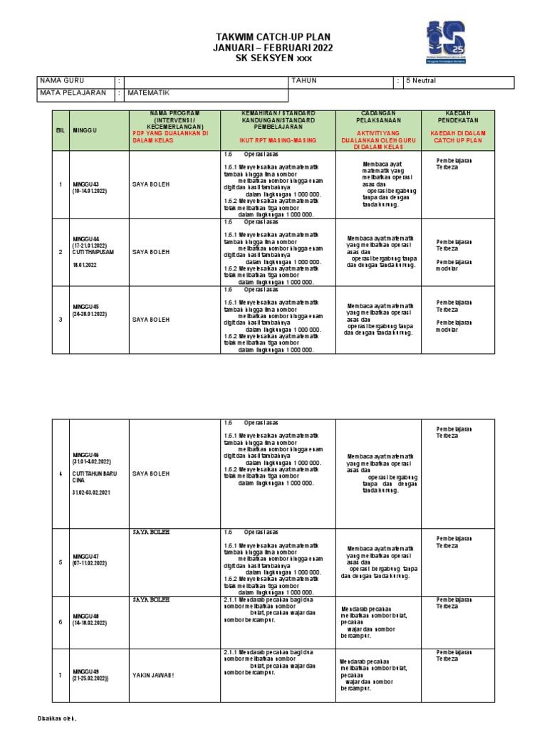 Takwim Catch-Up Plan Tahun 5 | PDF