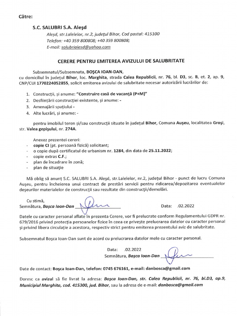 Cerere AVIZ Salubritate (Bosca Ioan-Dan) | PDF