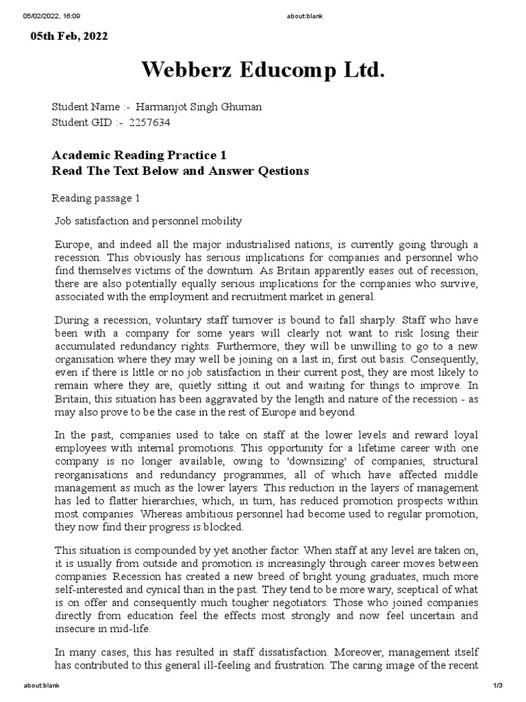 Webberz Educomp LTD.: Academic Reading Practice 1 Read The Text Below and Answer Qestions | PDF ...