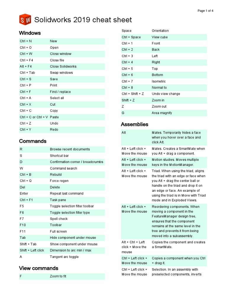 Solidworks 2019 Cheat Sheet: Windows | PDF | Control Key | Cursor (User Interface)
