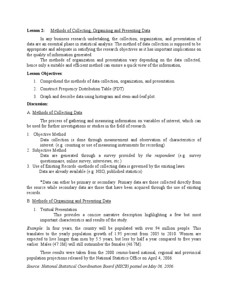 Lesson 2: Methods of Collecting, Organizing and Presenting Data | PDF ...