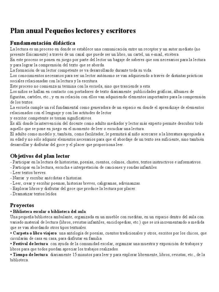 Plan Anual para Pequeños Lectores | PDF | Escritura | Cognición