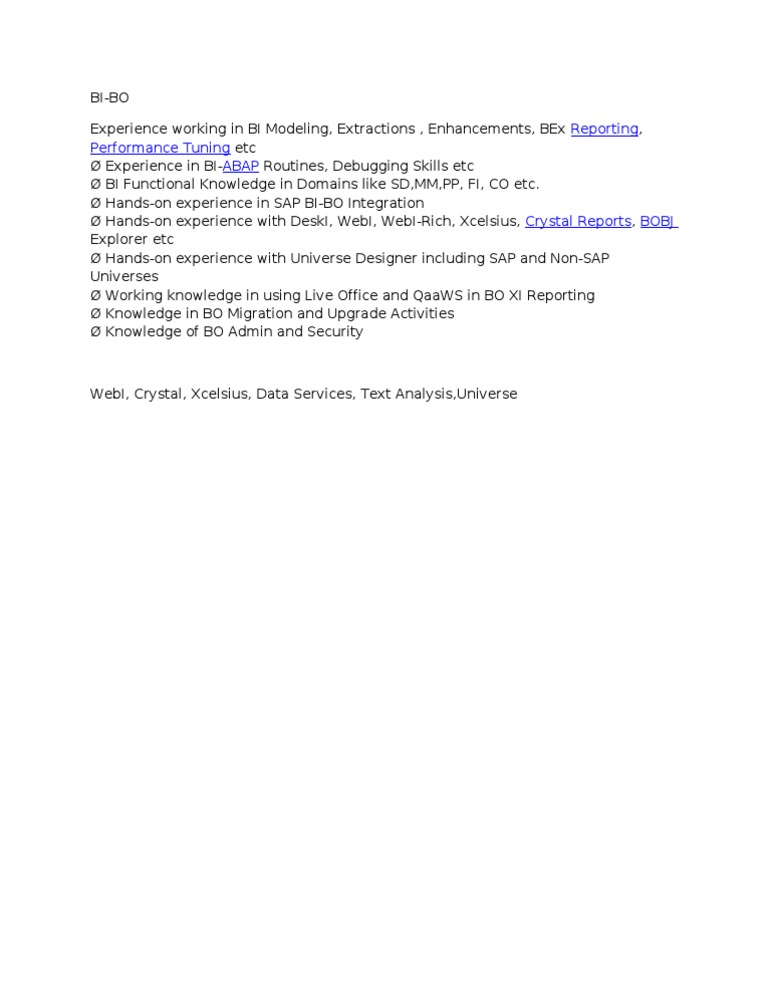 SAP BI-BO Consultant Expertise Overview | PDF | Business | Art