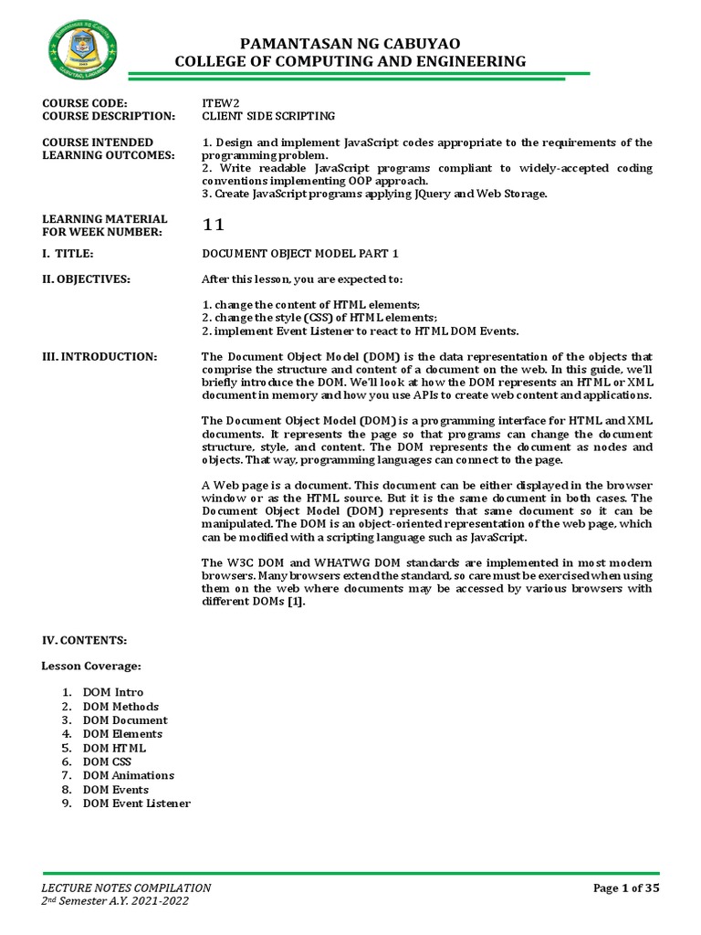 Itew2 Week 11 Document Object Model Part 1 Pdf Document Object Model Html