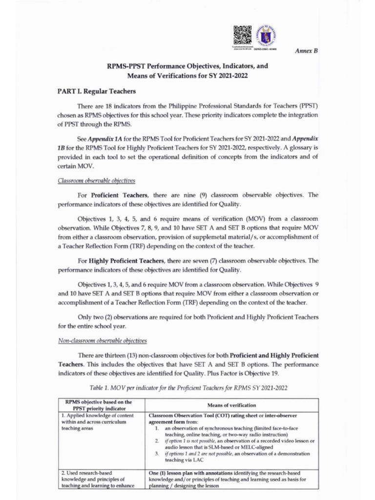 RPMS-PPST Performance Objectives, Indicators and MOVs SY 2021-2022 ...