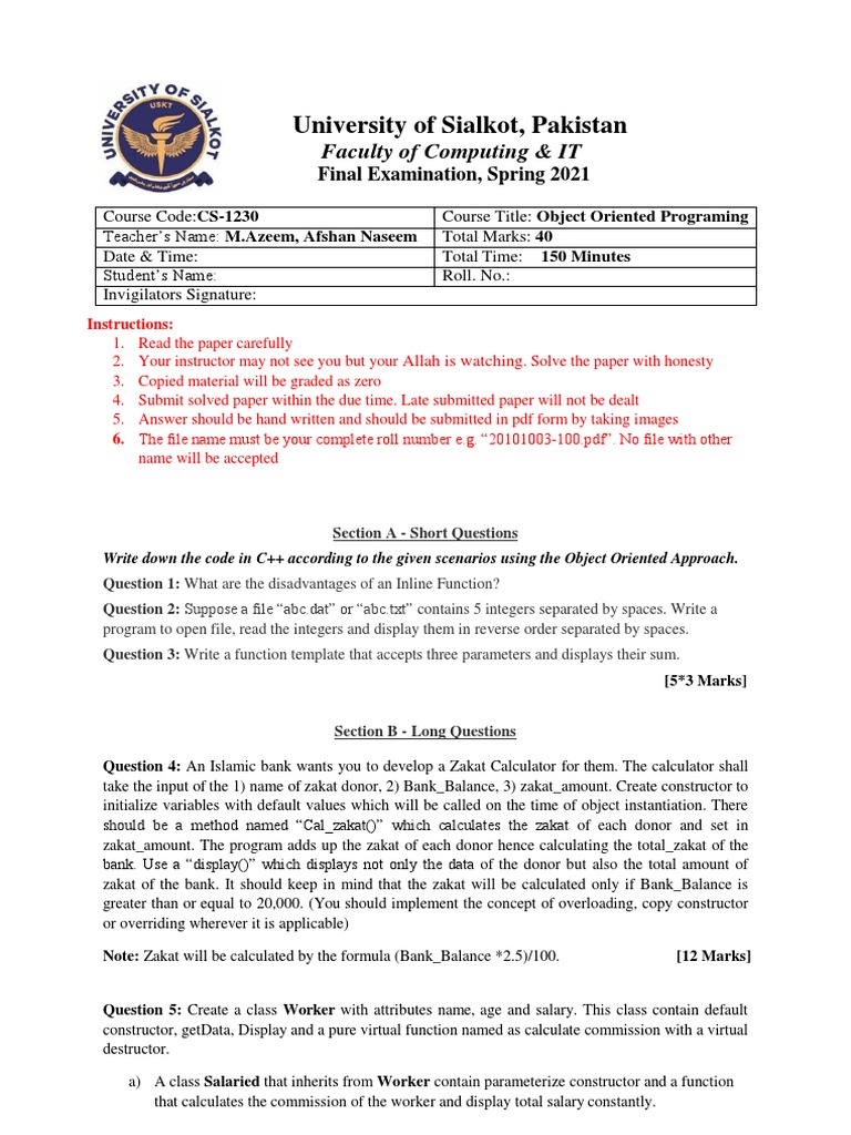 Cs1230 Oop Final Sp21 | PDF | Programming | Constructor (Object Oriented Programming)
