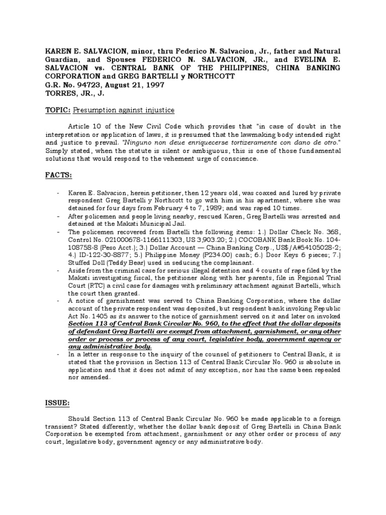 Salvacion v. Central Bank Ruling Analysis | PDF | Garnishment | Justice
