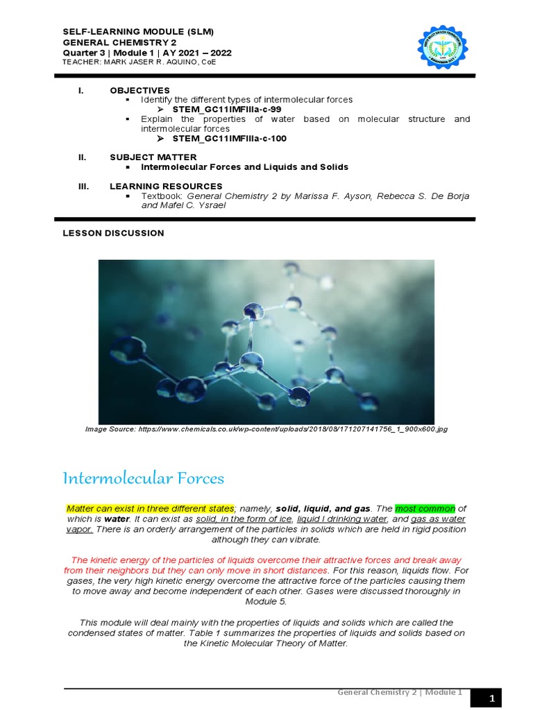 Intermolecular Forces: Self-Learning Module (SLM) General Chemistry 2 Quarter 3 - Module 1 - AY ...
