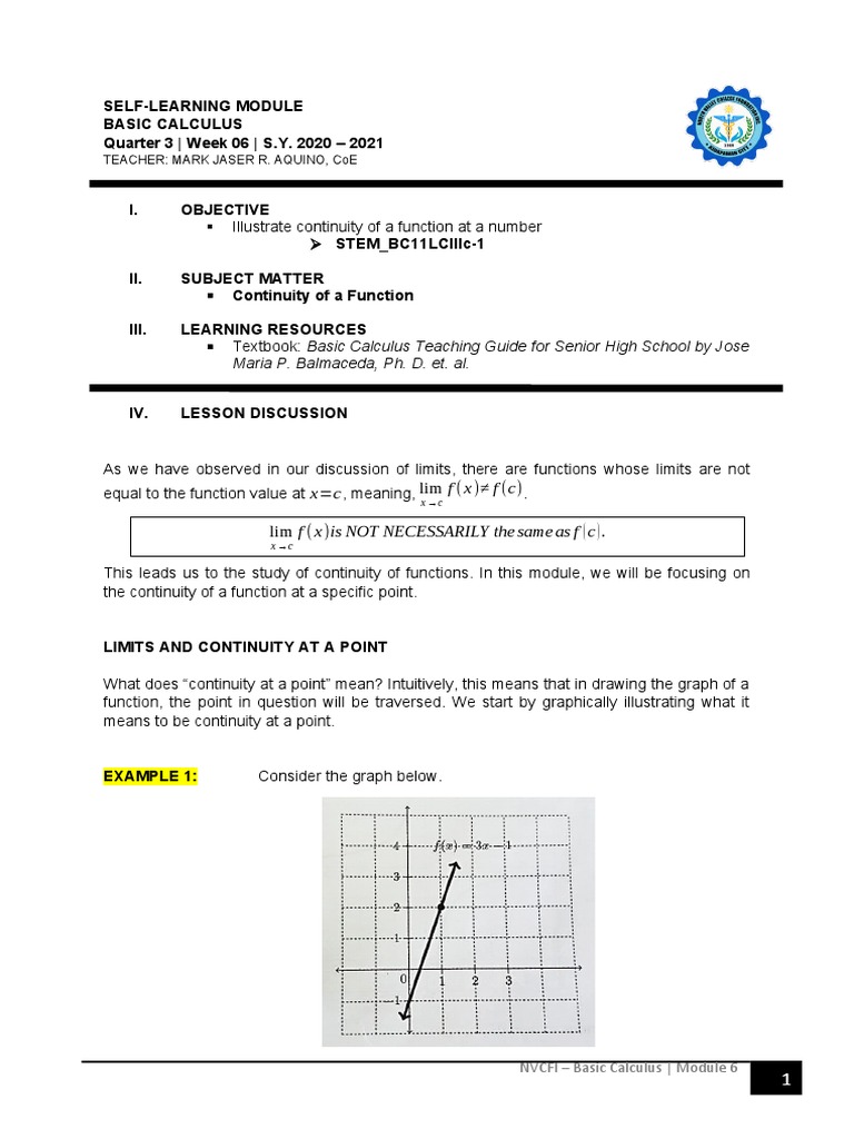 Self-Learning Module Basic Calculus Quarter 3 - Week 06 - S.Y. 2020 - 2021 | PDF | Continuous ...
