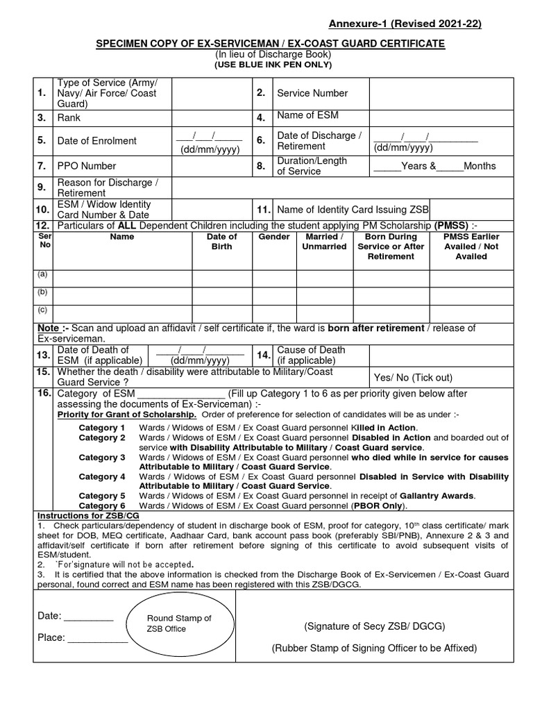 Specimen Copy of Ex-Serviceman / Ex-Coast Guard Certificate (Revised ...