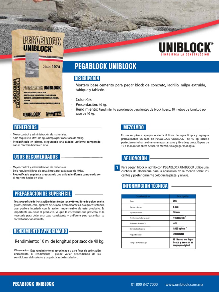 Rendimiento y uso de Pegablock Uniblock | PDF | Hormigón | Materiales ...