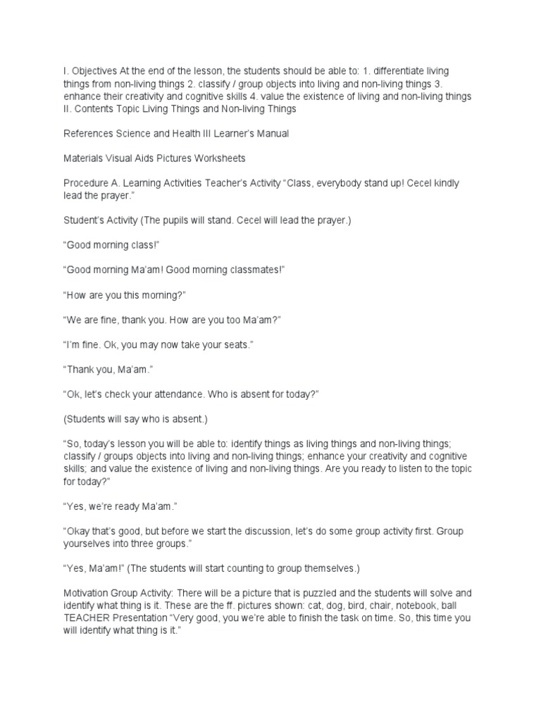 Living and Non Living | PDF | Lesson Plan | Creativity