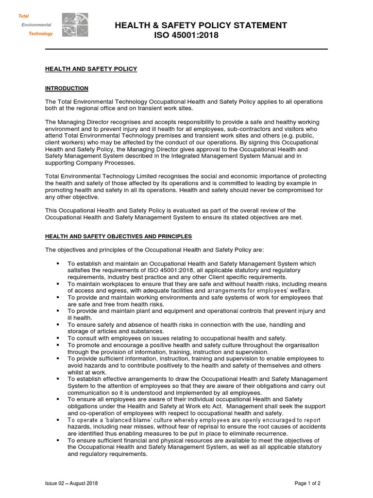 Health & Safety Policy Statement ISO 45001:2018 | PDF | Occupational ...