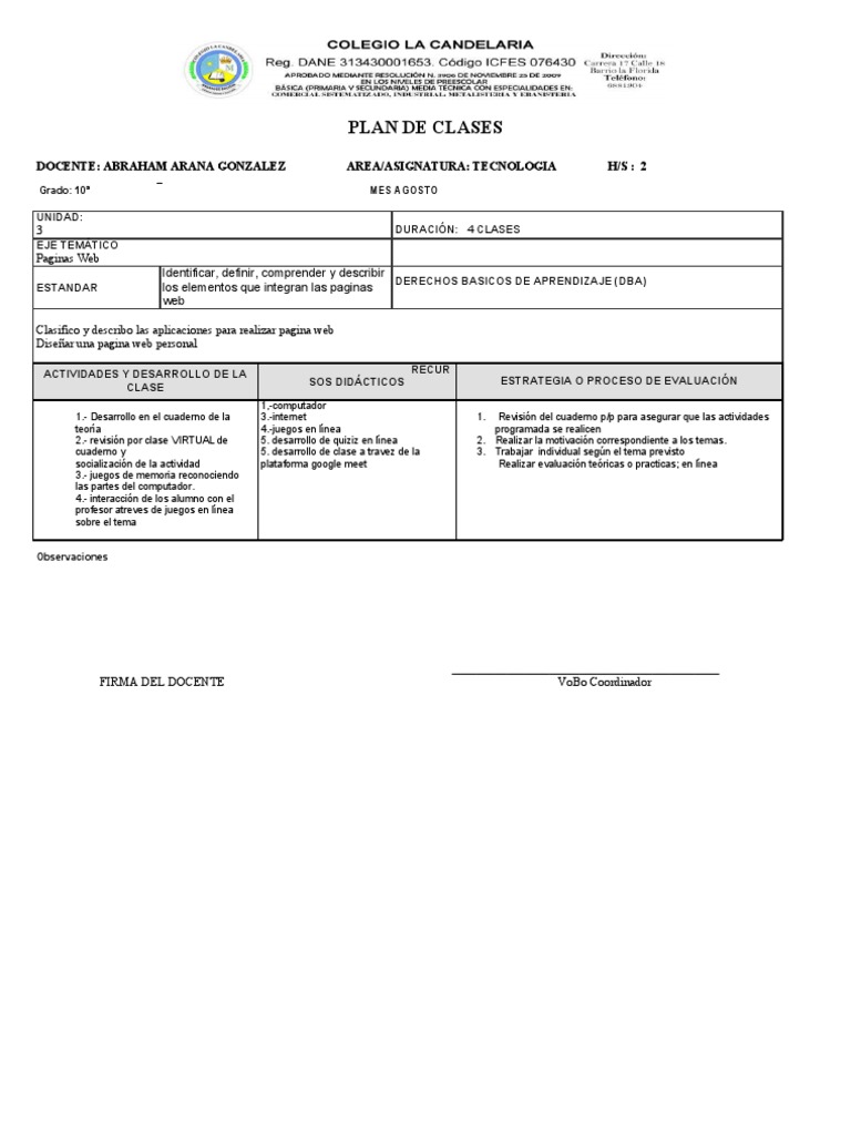 Formato Plan de Clases 11 | PDF