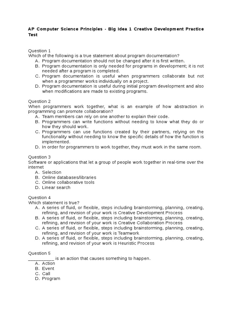 Big Idea 1 Questions Vs 01 | PDF | Programmer | Software