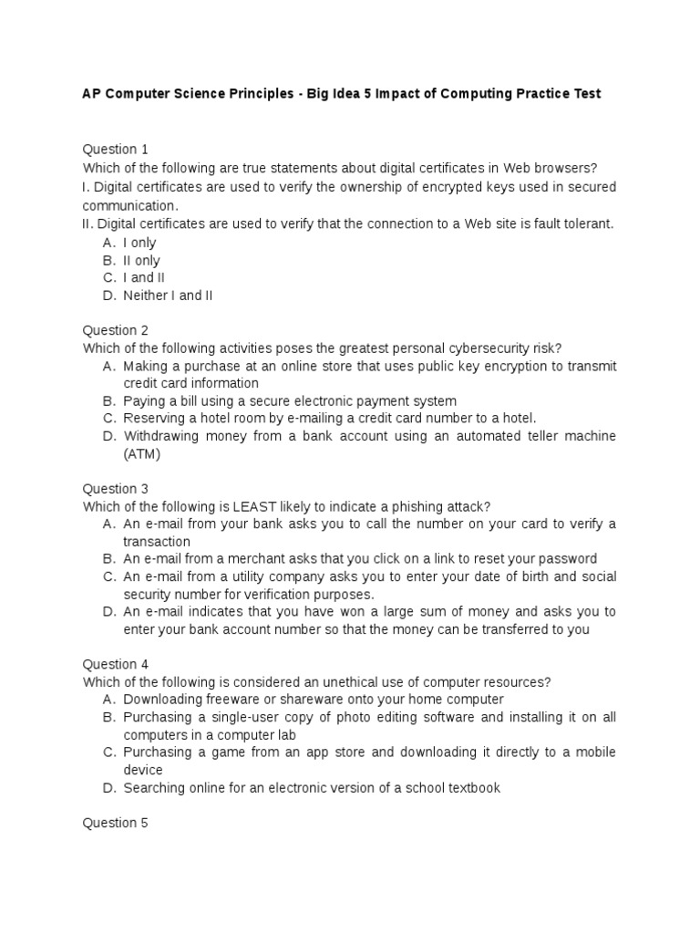 Big Idea 5 Questions Vs 01 | PDF | Encryption | Public Key Cryptography