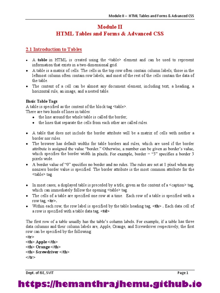 HTML Tables and Forms & Advanced CSS | PDF | Html Element | Html
