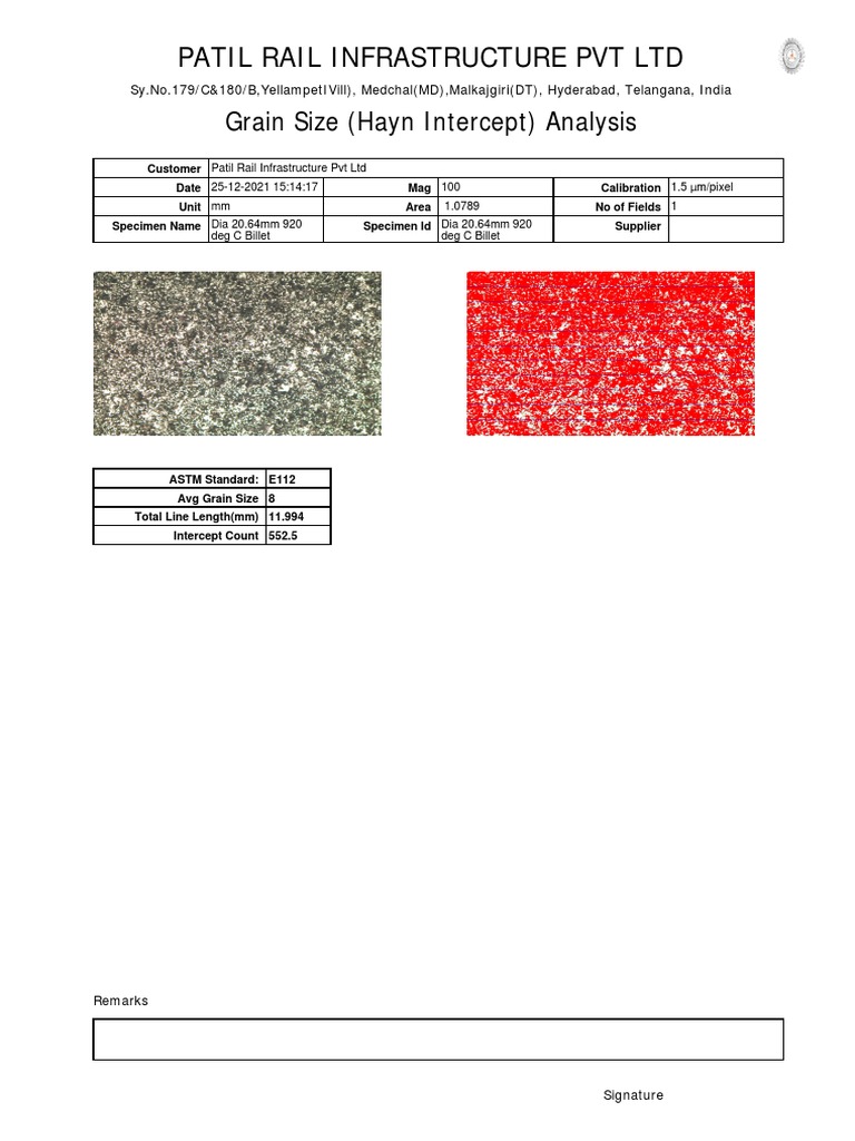Patil Rail Infrastructure PVT LTD: Grain Size (Hayn Intercept) Analysis ...