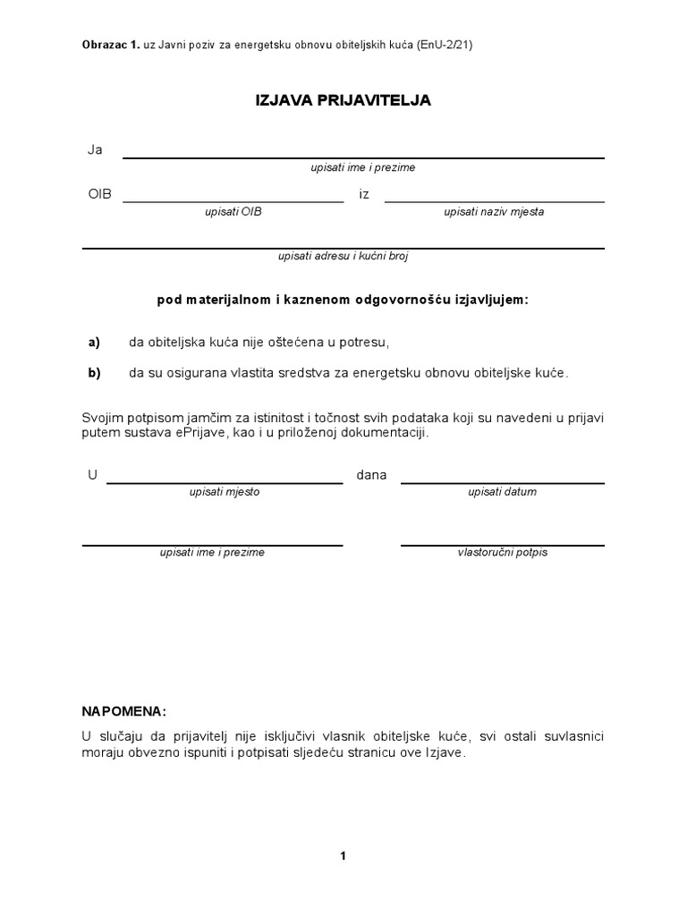 Prilog 3. Obrazac 1. Izjava Prijavitelja - EnU-2 - 21 | PDF