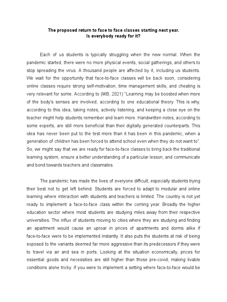 Essay - Are You Ready For Face To Face Class? | PDF | Teachers ...