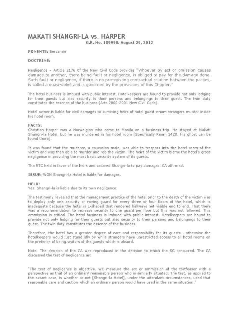 Makati Shangri-La Hotel. vs. Ellen Johanne Harper | PDF | Negligence ...