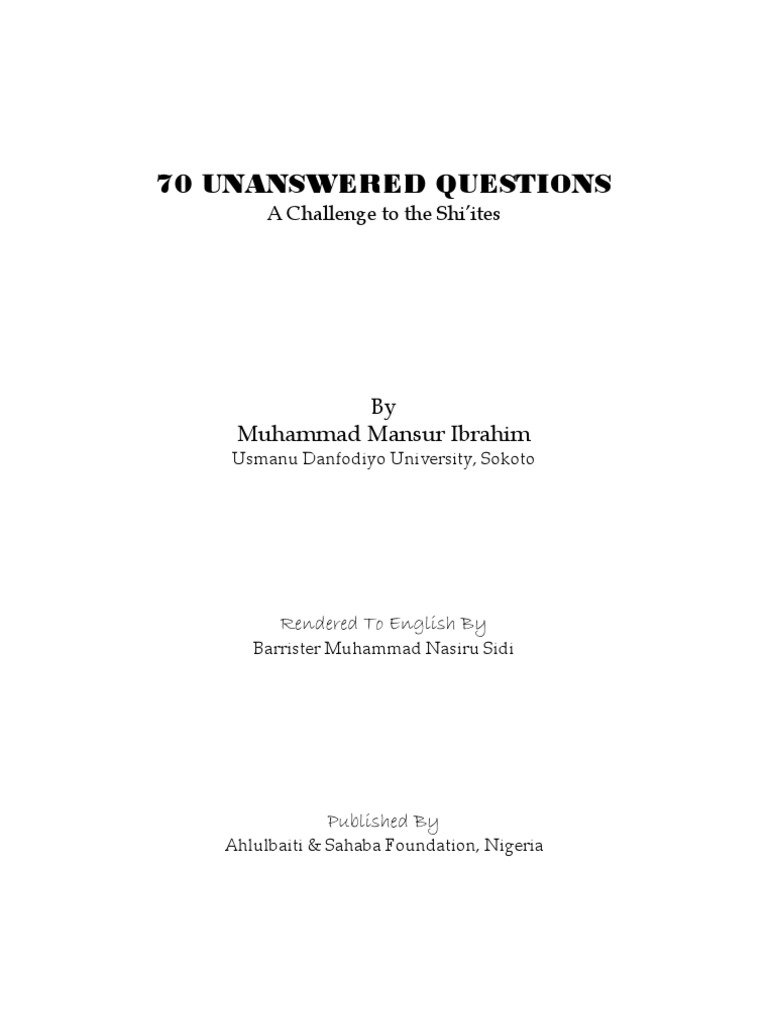70 Unanswered Questions To Rafidah | PDF | Hadith | Shia Islam