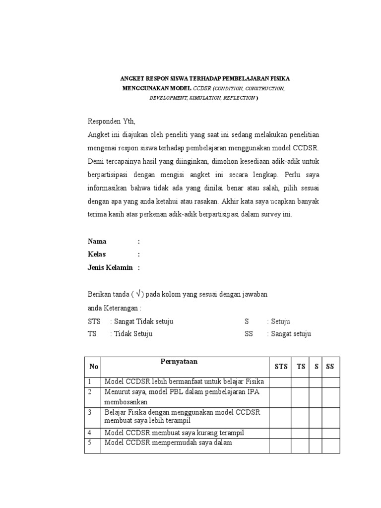 Angket Respo Siswa Terhadap Model CCDSR | PDF
