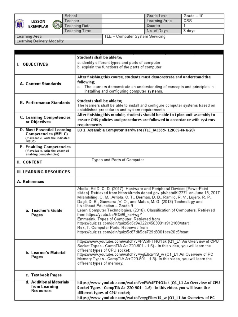 CSS Lesson Exemplar | PDF | Manufactured Goods | Classes Of Computers