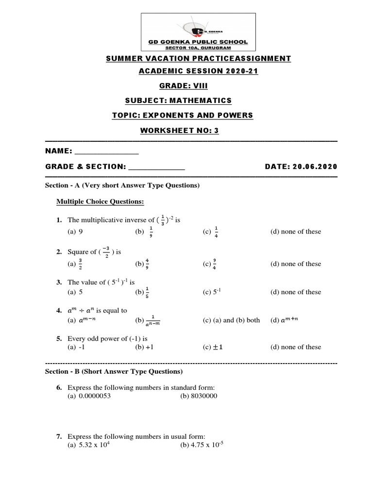 Class VIII Mathematics Worksheet 3 | PDF | Exponentiation | Arithmetic