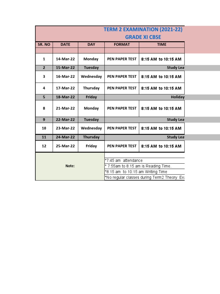 Grade XI Term 2 Exam Schedule 2022 | PDF