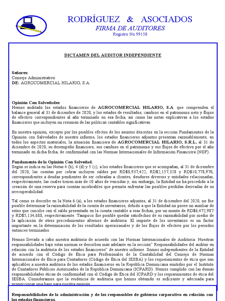 Dictamen Con Salvedad | PDF | Auditoría | Estado financiero
