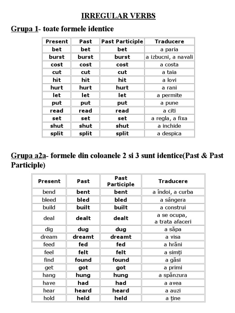 Verbele Neregulate - GRUPATE | PDF | Syntax | Grammar