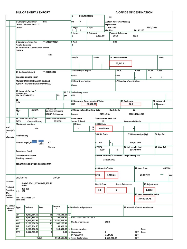 Bill of Entry / Export A Office of Destination: Produced | PDF | Value ...