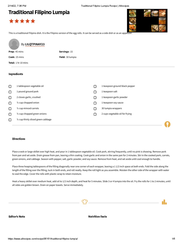 Traditional Filipino Lumpia Recipe - Allrecipes | PDF | Food ...