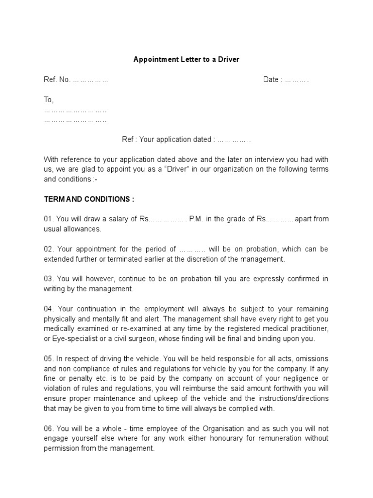 Driver Appointment Letter Template | PDF | Government | Common Law