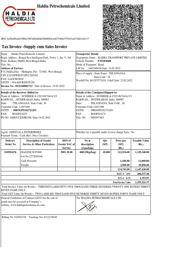 Sudheer - Haldia Direct Invoice Dtd. 14.02.2022 | PDF | Invoice | Economies
