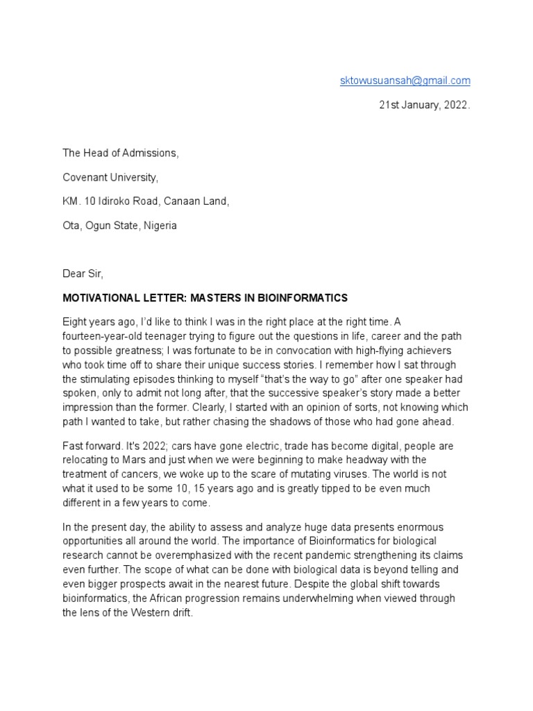 Motivational Letter Covenant University | PDF | Cognition